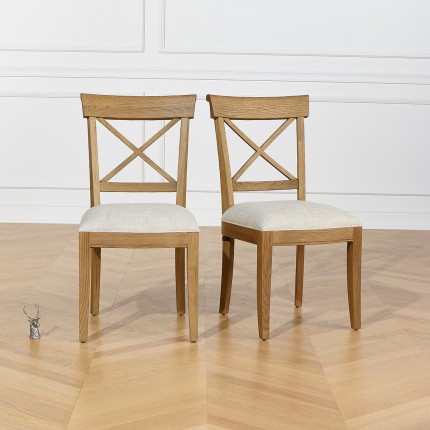 Chaises style shabby chic en tissu lin, hévéa massif, lot de 2 chaises