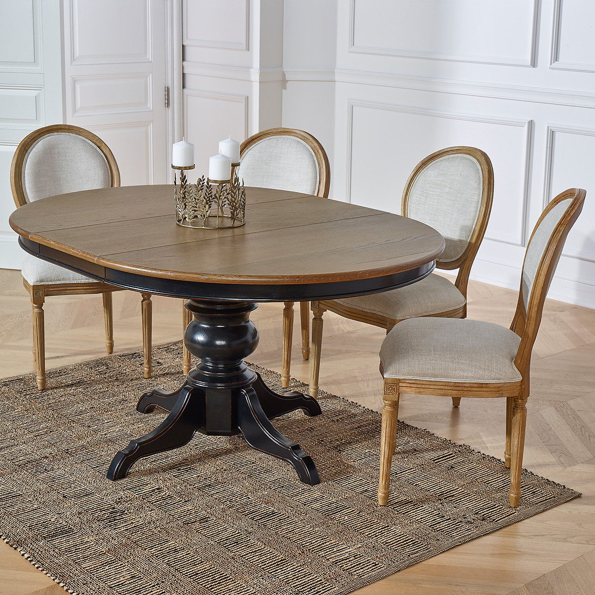 Round extendable dining table, black, oak top, seats 6 to 8 people