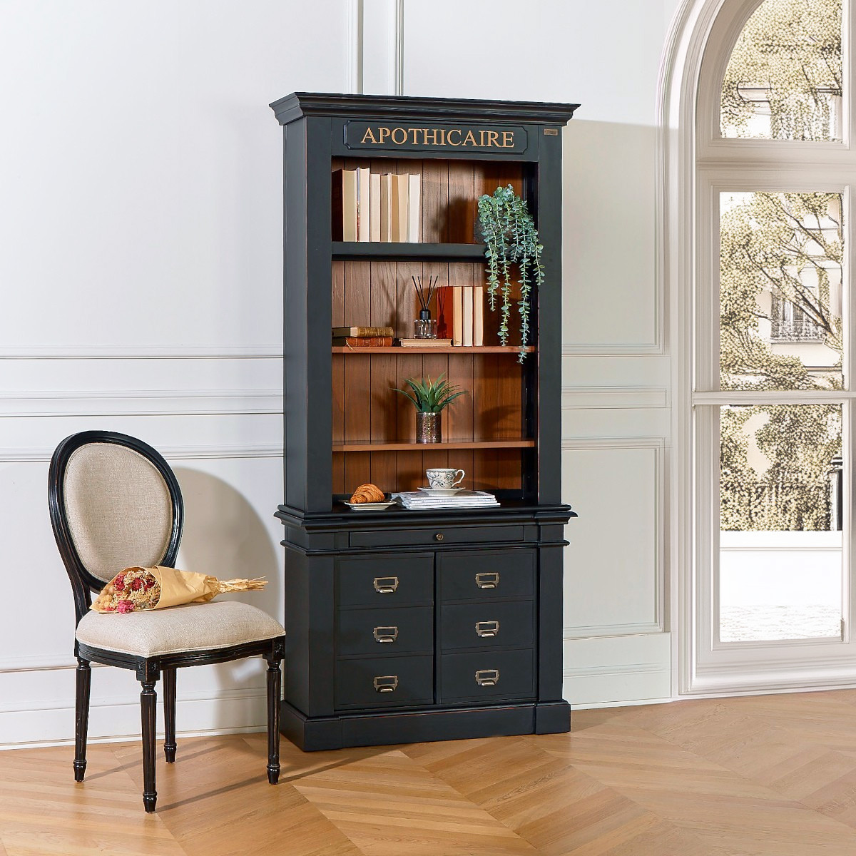 Classic style living room bookcase, 2 doors, 4 shelves, 1 drawer