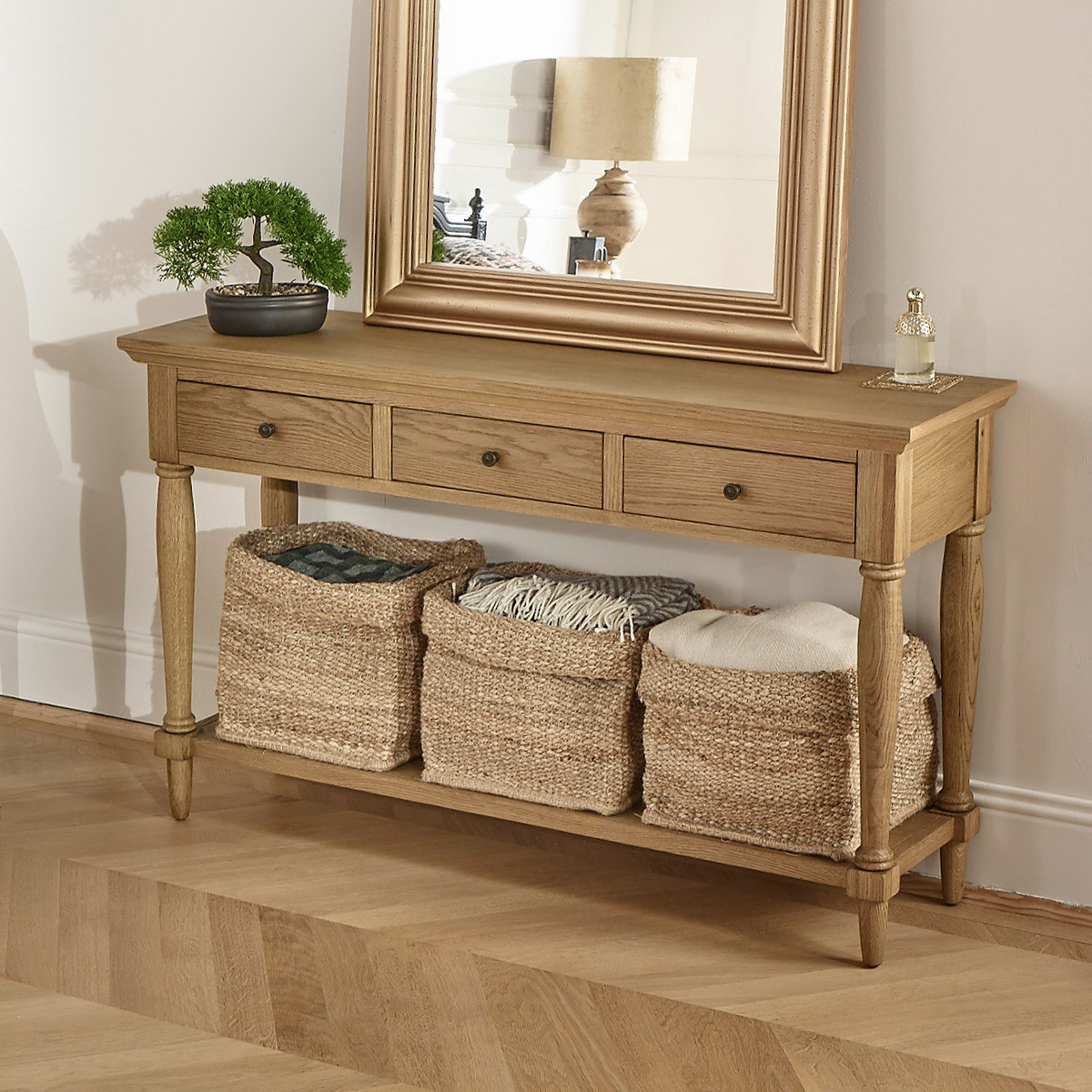 Console entrée style romantique, double plateau en chêne, 2 tiroirs