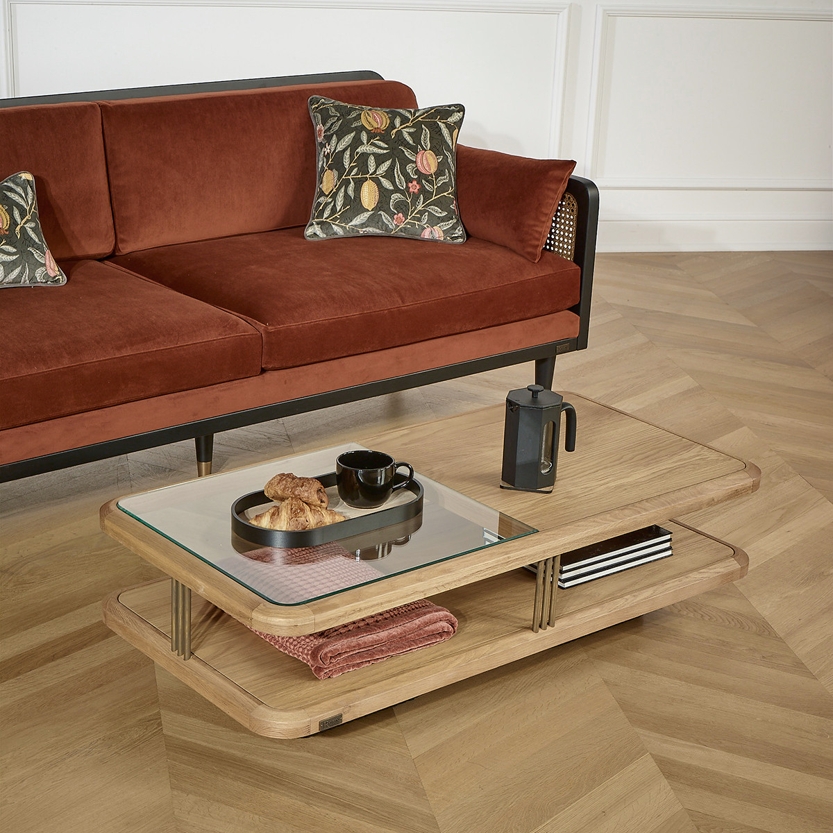 Table basse bois, style contemporain, chêne et verre, double plateau