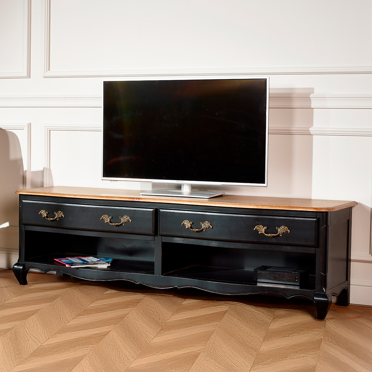 Mueble de TV de madera maciza estilo shabby chic, 2 nichos, 2 cajones