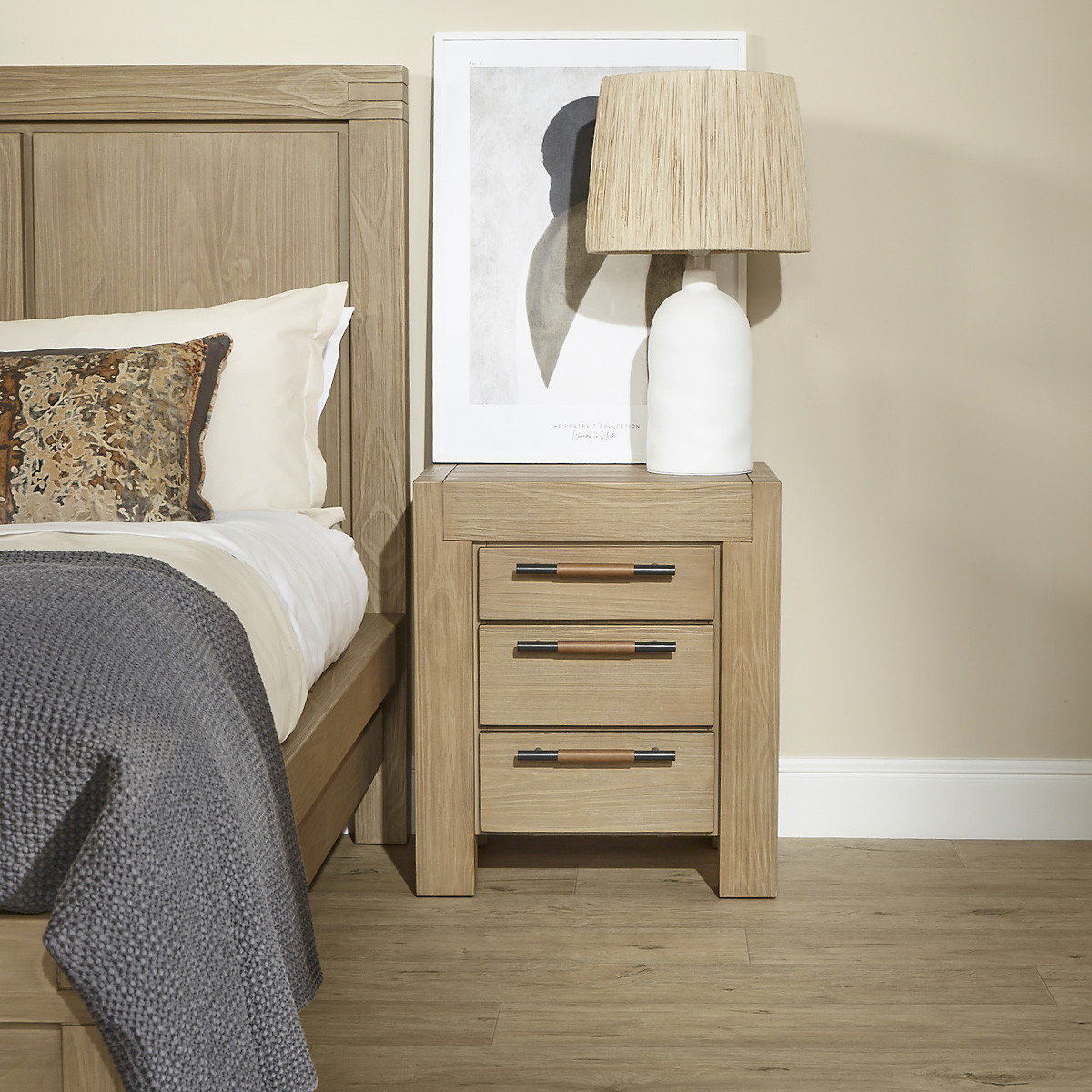 3-drawer bedside table, solid wood, leather handles