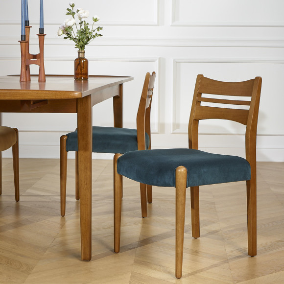 Chaises tendances en bois et tissu velours, dossier cannage, lot de 2
