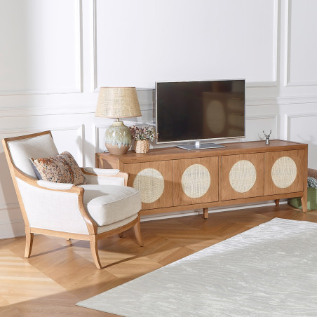Oak and rattan TV stand, multimedia storage with shelves and doors