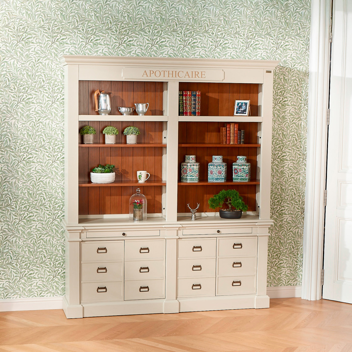 Libreria bianca in legno massiccio stile classico, 8 ripiani
