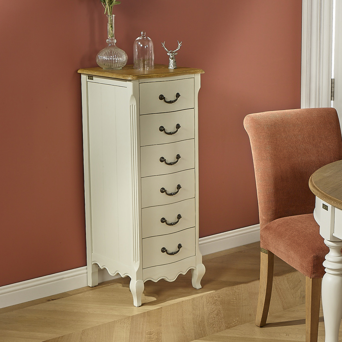 Classic style storage tower, oak top, 6 drawers