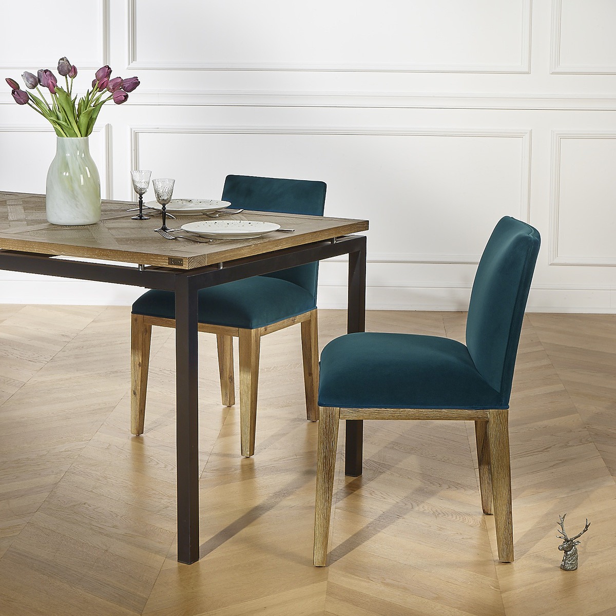 Chaises salle à manger en bois massif et velours, style moderne