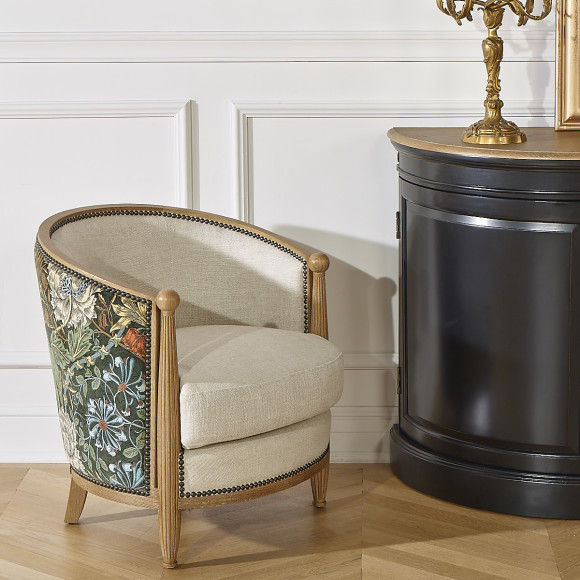 Fauteuil vintage en rotin et tissu polyester, style vintage