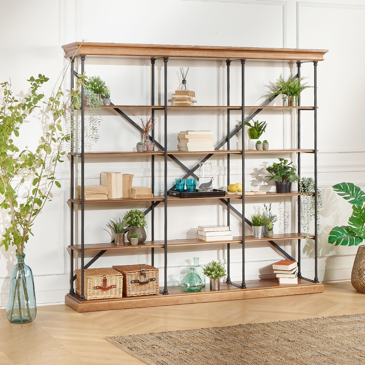 Library, wood and metal, modern style, 4 shelves
