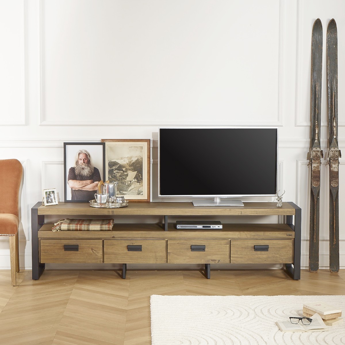 Industrial TV stand, wood and metal, 208 cm, 4 drawers