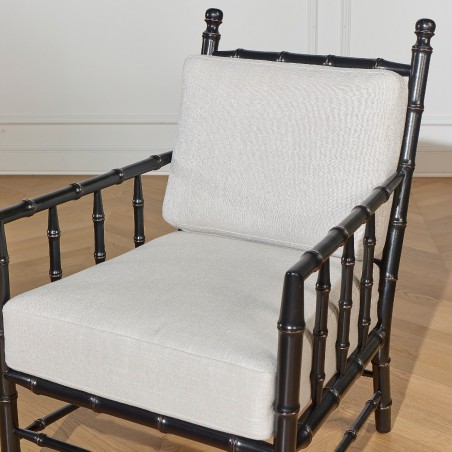 Black colonial-style armchair in linen, bamboo design, 1 seat