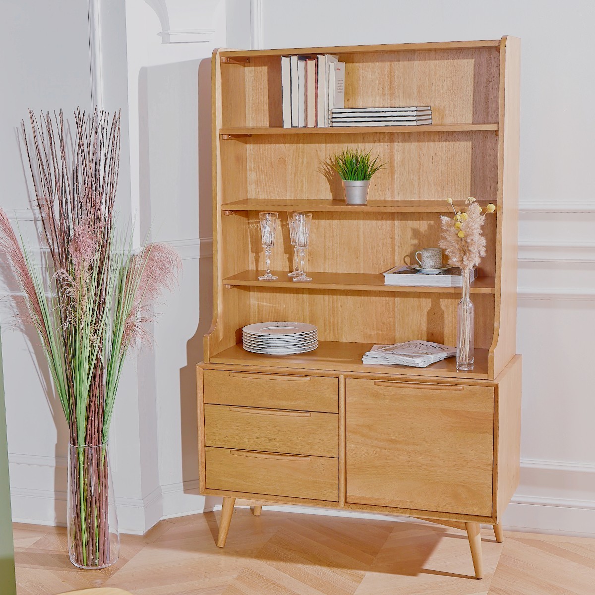 Modern wooden bookcase with 3 drawers, 1 door, and 4 shelves DALHIA