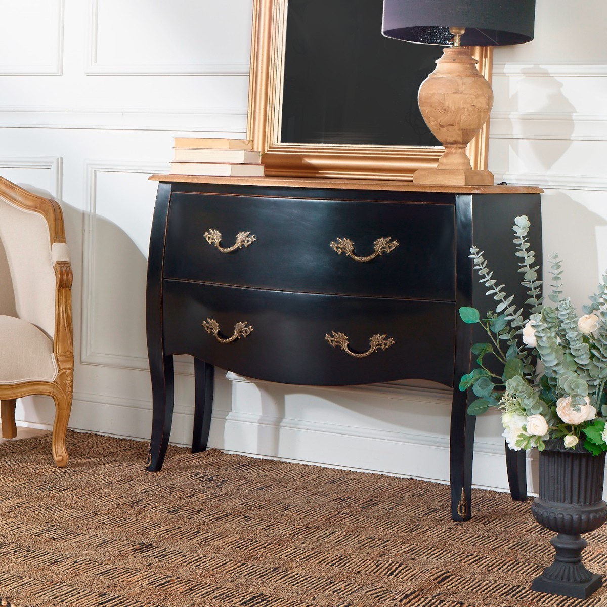 Commode en bois massif et cannage, 6 tiroirs