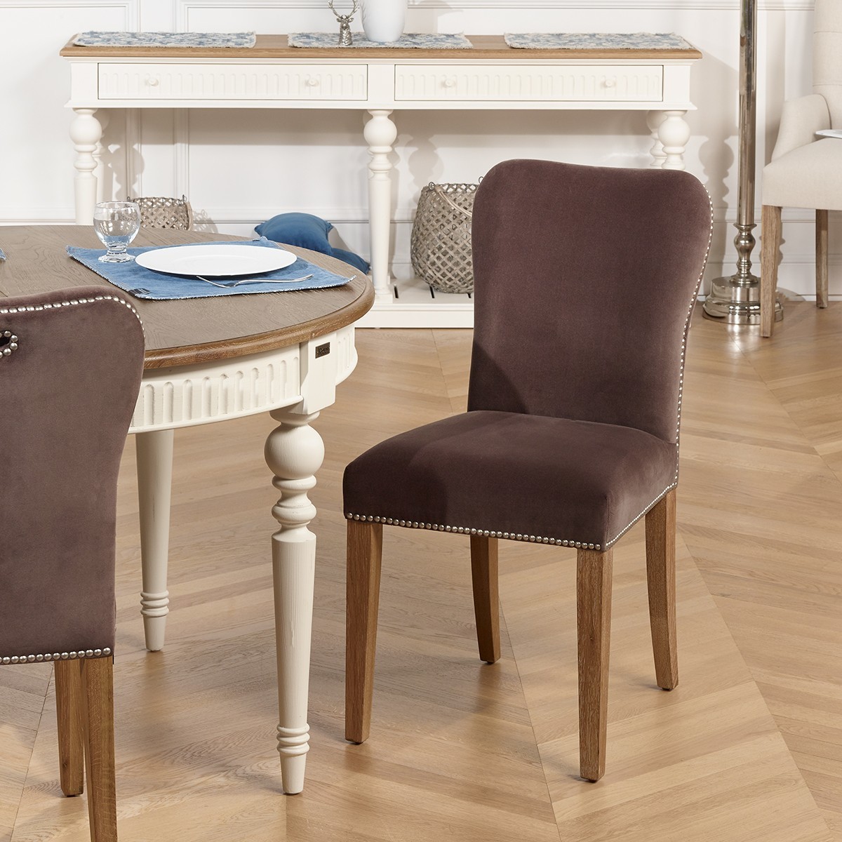 Shabby chic style dining chairs in wood and studded velvet