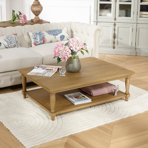 EDINBURGH Large romantic style coffee table in oak with a double shelf