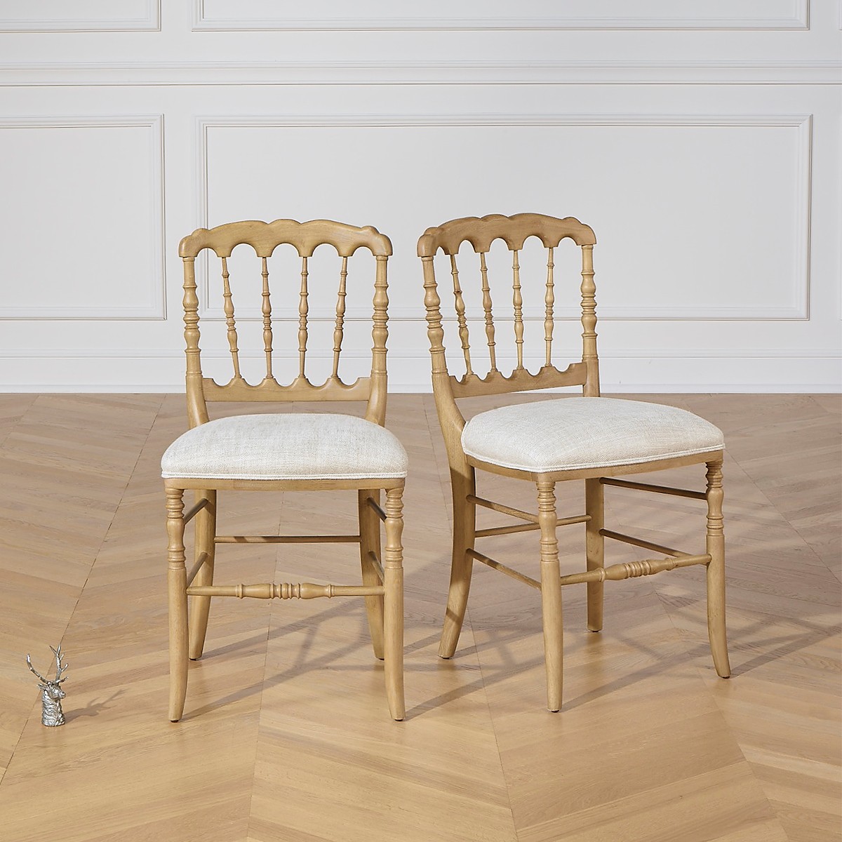 Napoleon 3 spindle chairs in solid wood beige fabric set of 2